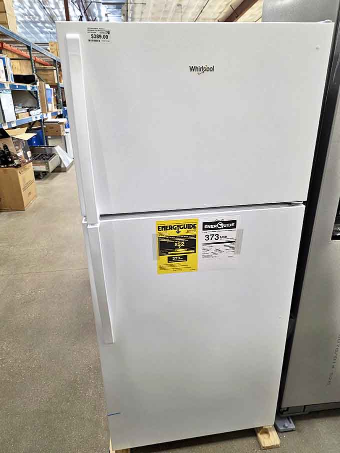 This Whirlpool refrigerator stands tall and proud, like a polar bear in a snowstorm, ready for its second chance at keeping groceries cool.