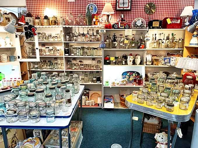 Mason jar heaven for the preservation enthusiast. Before plastic took over food storage, these glass workhorses sealed in summer's bounty and grandmother's secret recipes.