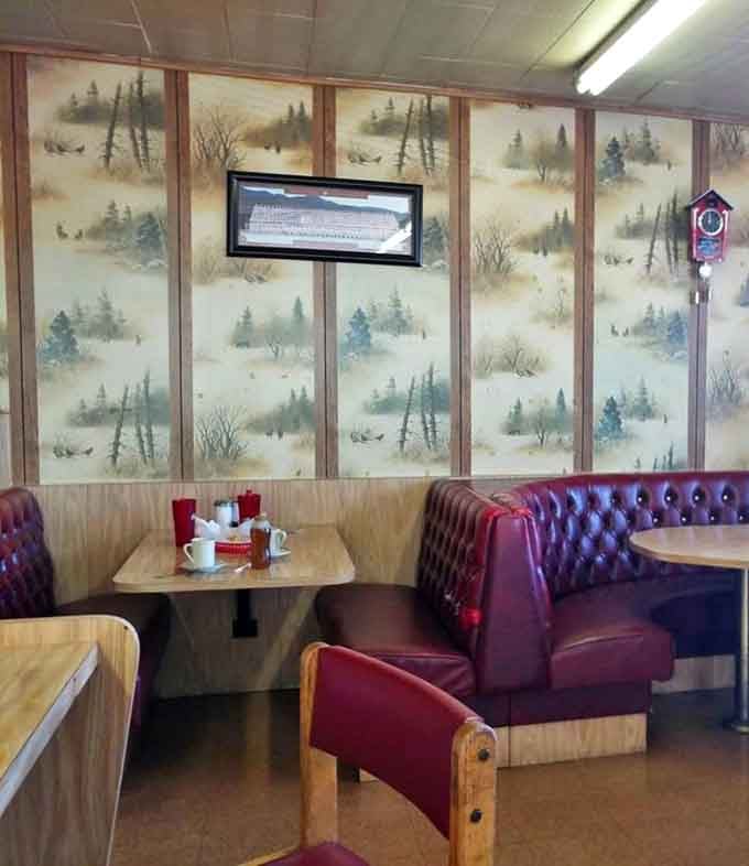 Wood paneling and winter landscapes create that perfect diner atmosphere&mdash;familiar, comfortable, and utterly timeless.