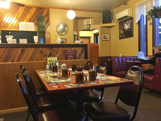 The dining room feels like your favorite aunt's place&mdash;if your aunt had impeccable taste in wood paneling and comfortable seating.