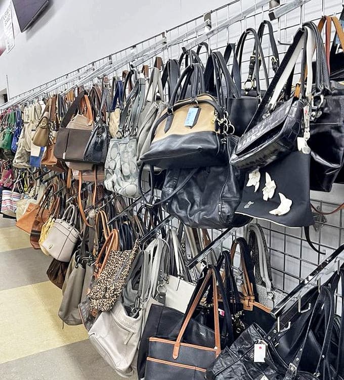 Handbag heaven where designer labels mingle with everyday brands. The perfect leather tote might be hiding between two forgotten purses.