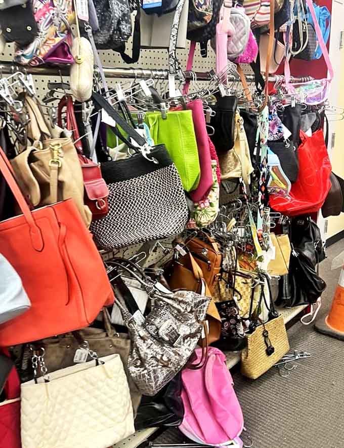Handbag heaven! Designer knockoffs and genuine vintage finds create a colorful tapestry of accessory possibilities.