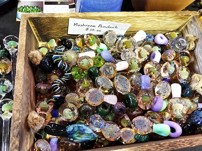 Mushroom pendants galore! Eugene's earthy vibe shines through these psychedelic glass treasures that would make any Deadhead or modern hipster swoon.