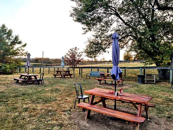 The outdoor seating area offers views of Kentucky horse country that pair perfectly with whatever's on your plate&mdash;nature's ideal dining companion.