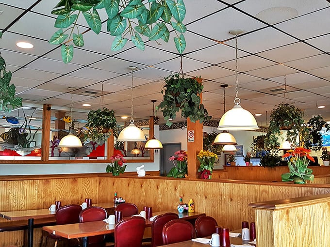 Hanging plants and warm lighting create an oasis of green and gold&mdash;especially welcome during those long winter months.