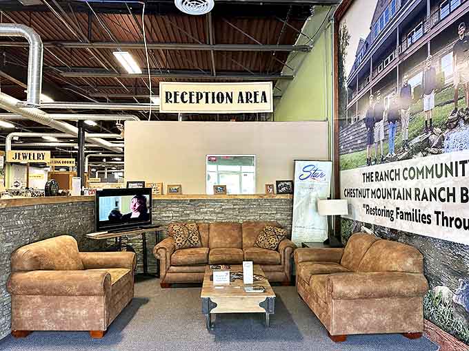 The reception area feels more "welcome home" than "retail space," complete with comfy couches for shopping-weary companions.