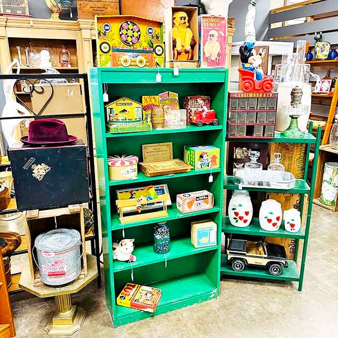 A treasure trove of childhood memories displayed on turquoise shelves. Spot the toy you once begged your parents for!