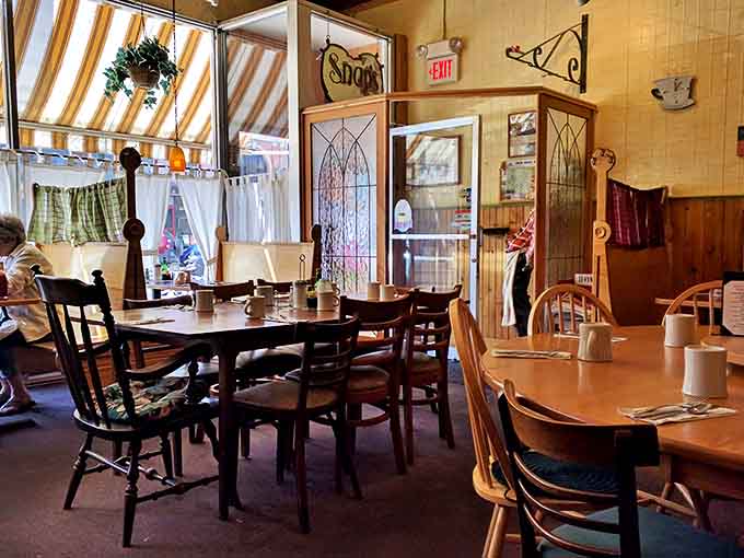 Mismatched wooden chairs and tables bathed in natural light create the kind of authentic charm that corporate restaurant chains spend millions trying to replicate.