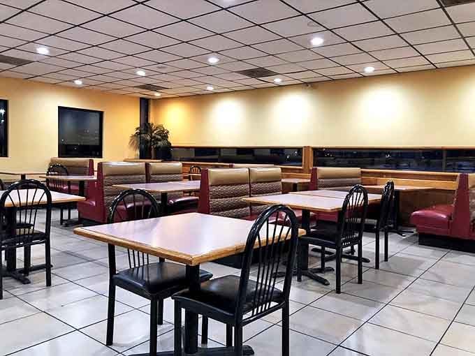 Empty tables that won't stay that way for long. This dining room has witnessed countless first dates, family celebrations, and solo diners finding comfort.