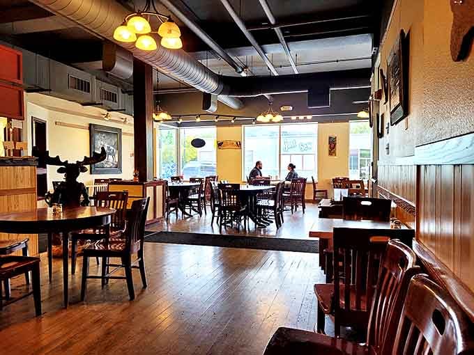 A dining room that invites you to stay awhile. Wooden tables, pendant lighting, and enough space between tables to keep your conversation yours—a rarity in today's packed cafés.