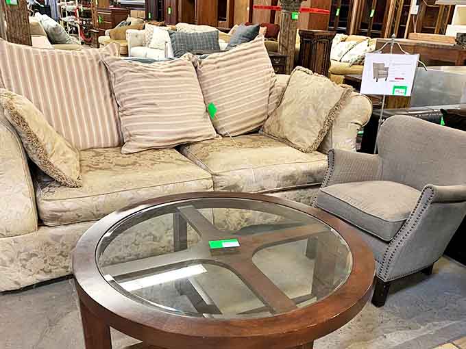 Sofa, so good! This comfortable seating arrangement with a glass coffee table proves you can create an entire conversation area for less than the cost of one new chair.