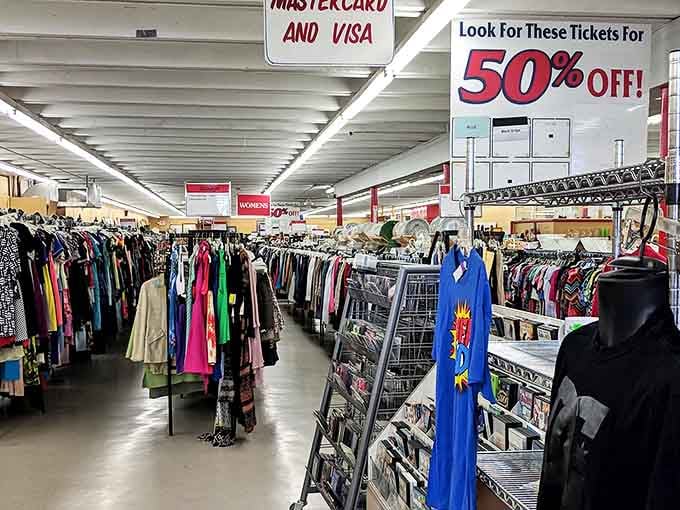 Fifty percent off signs are the thrift store equivalent of a dinner bell, calling bargain hunters to feast on fashion finds.