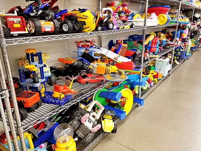 Toy shelves bursting with primary-colored potential. One child's outgrown plaything becomes another's Christmas morning miracle.