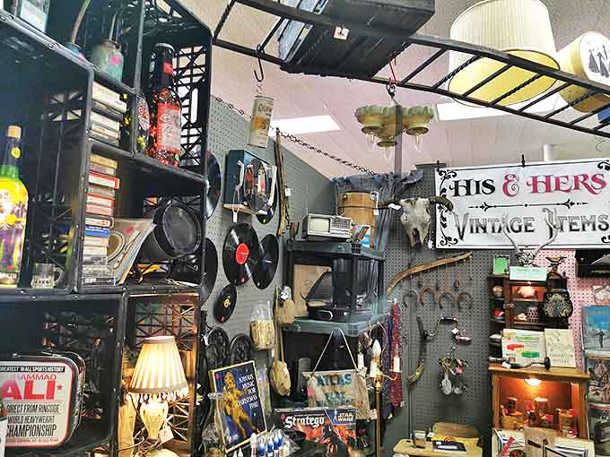 Records, board games, and memorabilia stacked to the ceiling &ndash; this booth is basically your childhood attic, but organized and for sale.