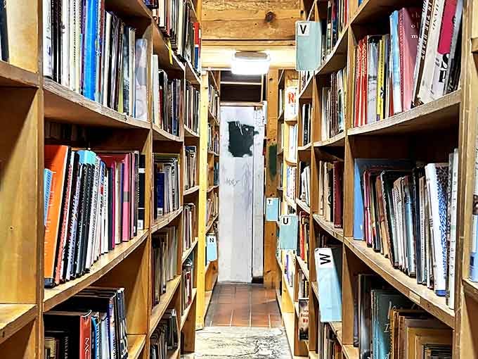 The alphabet becomes a treasure map in these narrow aisles, where "V" might lead to Vonnegut or Voltaire.