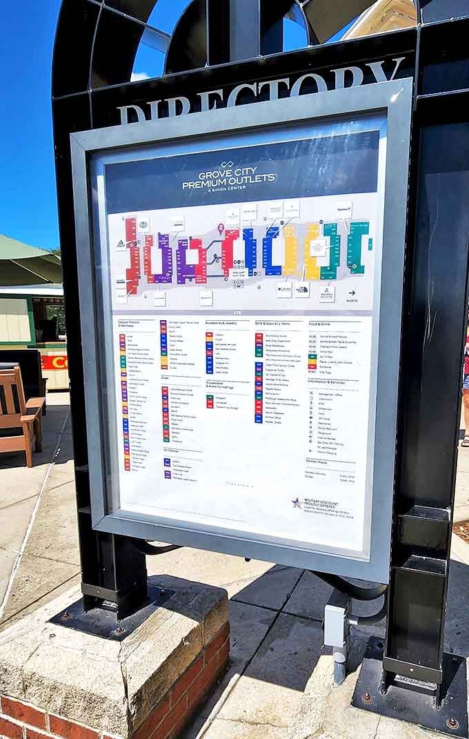 The directory: your treasure map to retail paradise. Study it like you're planning a heist, but instead of taking, you'll be saving.