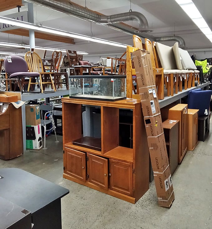 Furniture island where solid wood treasures and entertainment centers from another era patiently wait for their second chance at domestic glory.