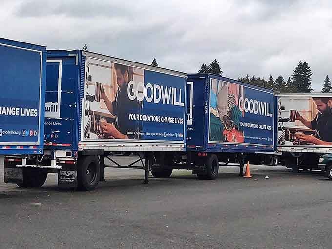 The fleet that keeps Goodwill's mission moving - each truck filled with donations that fund job training programs.