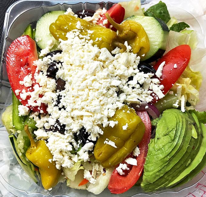 Even the Greek salad gets the Jim's treatment &ndash; generous portions of fresh vegetables, feta, and avocado for those pretending to be virtuous.