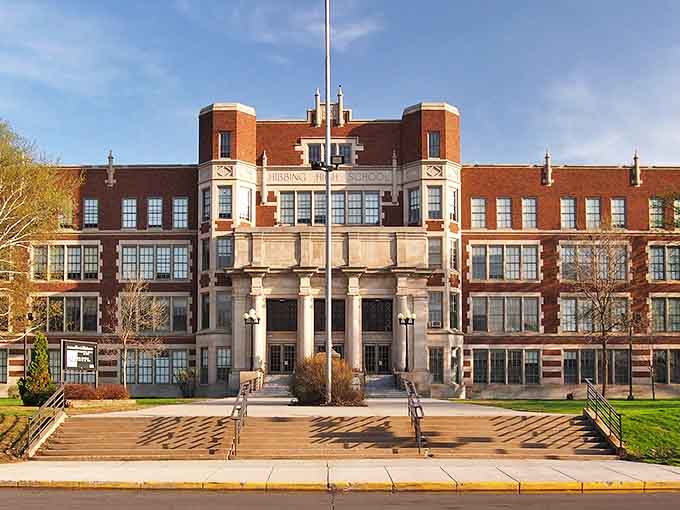 Hibbing High School's impressive architecture looks more like a European university than a public school, reflecting the town's mining prosperity during its construction.