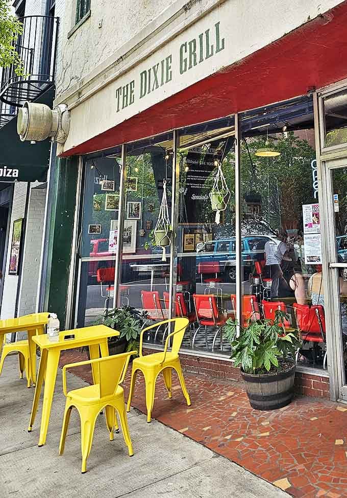 Bright yellow outdoor seating adds a splash of sunshine to Market Street, perfect for people-watching with your coffee and biscuits.