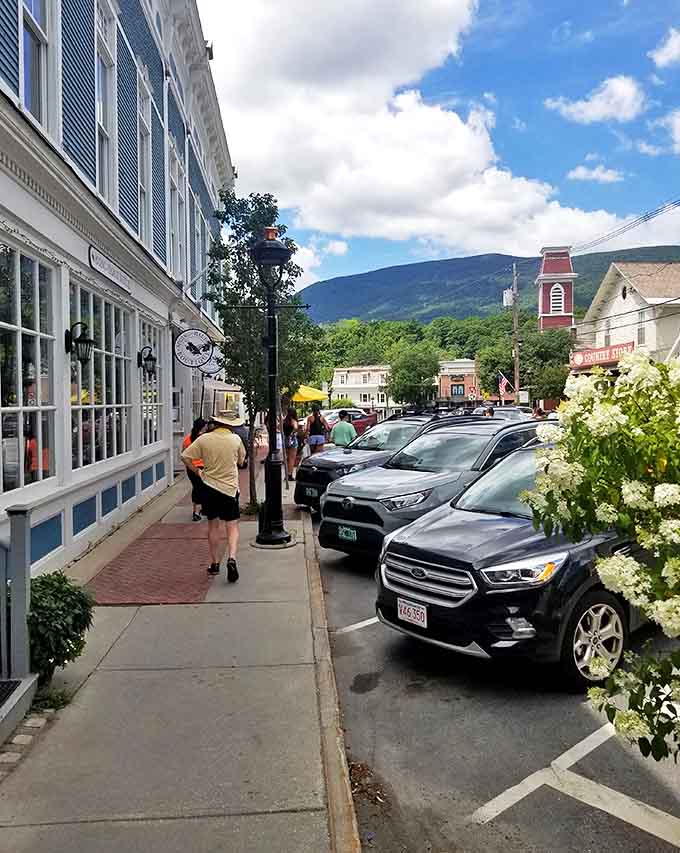 Manchester Center's picturesque main street, where the Green Mountains provide a majestic backdrop to your pre-breakfast stroll.