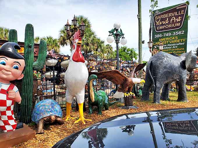 Perry Marketplace's eclectic collection of yard art proves that one person's giant rooster statue is another person's perfect lawn accessory.