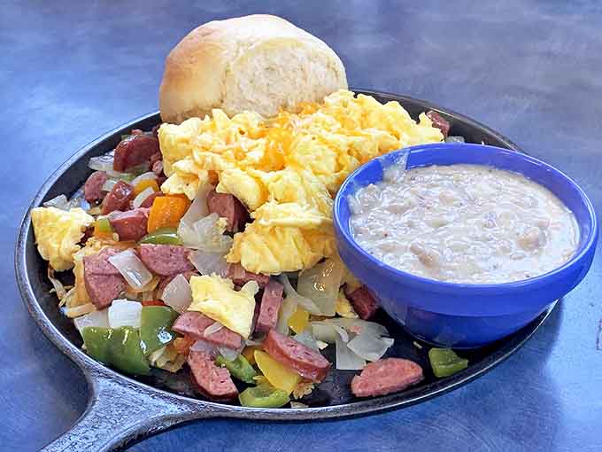 The Reindeer Skillet: where breakfast meets Alaska's wild side. Sorry Rudolph, but you've never looked better than alongside those perfectly scrambled eggs.