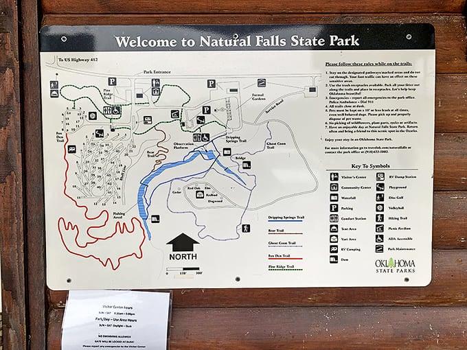 The treasure map to Natural Falls' wonders. This sign contains the secrets to maximizing your day in Oklahoma's slice of paradise.