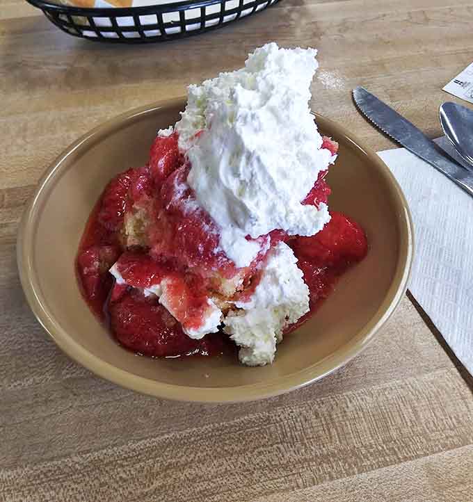 Strawberry shortcake that doesn't mess around – fresh berries, tender cake, and enough whipped cream to make your cardiologist nervously clear their throat.