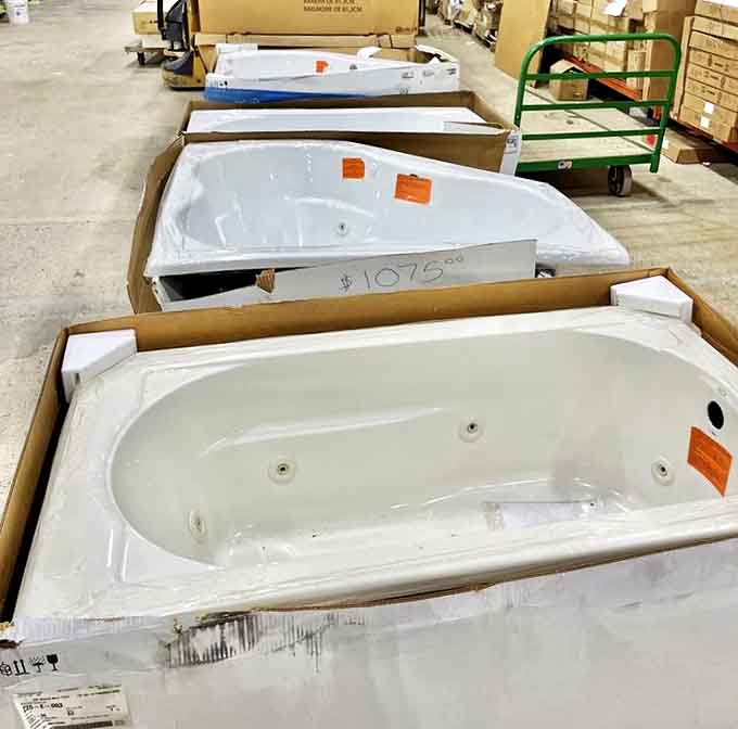 Brand new bathtubs still in their packaging prove the ReStore isn't just about used items &ndash; contractors' overstock means luxury upgrades for less.