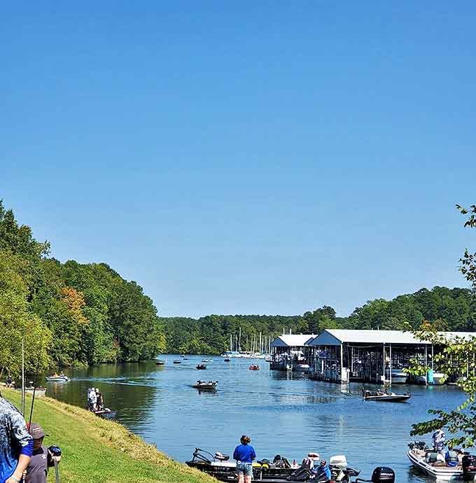 Boat traffic jam, Tennessee-style. The marina buzzes with anglers and pleasure-seekers pursuing their own versions of lake perfection.