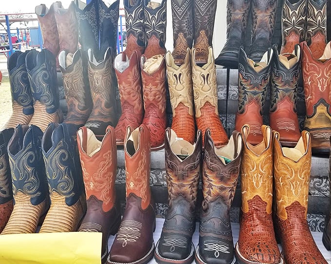 Authentic cowboy boots line up like soldiers, ready to march into their next Texas adventure story.