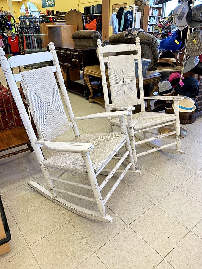 These weathered rocking chairs have witnessed countless stories. For the price of a fancy dinner, they could witness yours too.