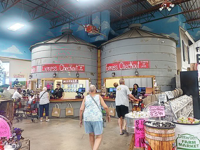 Checkout lanes housed in repurposed grain silos—because Florida farm charm doesn't stop at the shopping experience. Ingeniously practical.