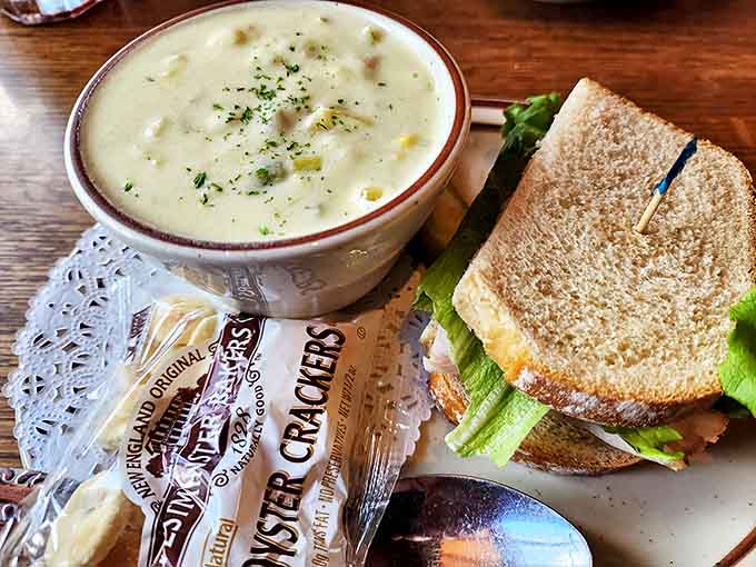 Creamy chowder meets sandwich simplicity in a lunch combo that's been solving Montana's midday hunger crises for generations.