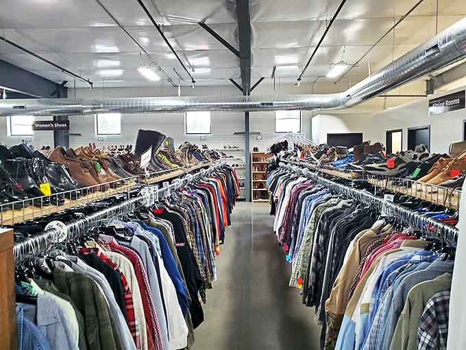 The men's section stretches into the distance like a well-organized department store, minus the heart-stopping price tags and pushy salespeople.