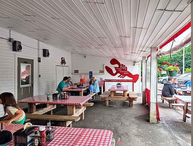 The covered patio with its red-checkered tables and lobster decor is Maine dining at its unpretentious best.