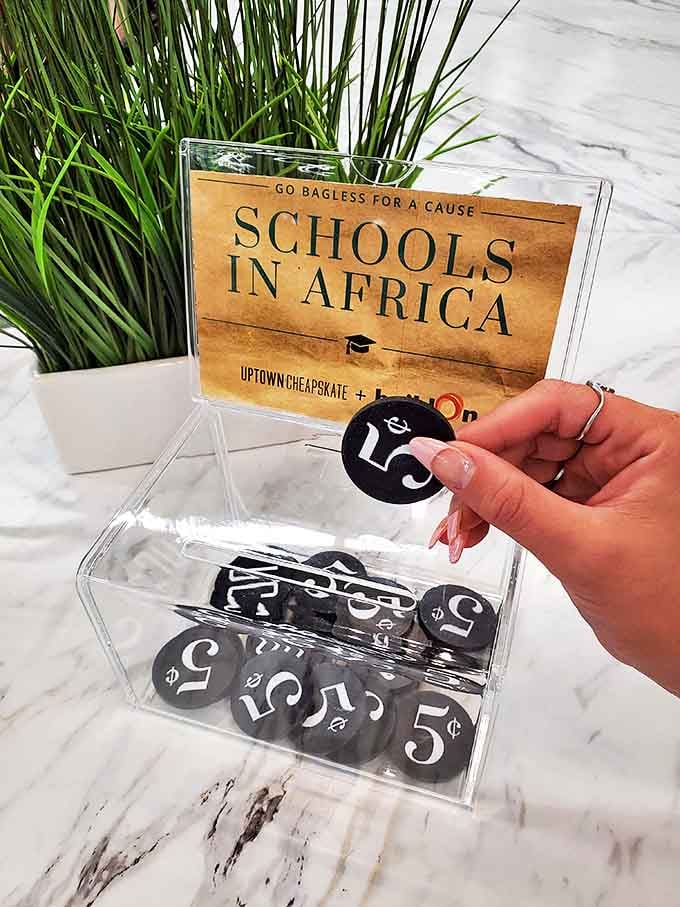 Shopping with a conscience! Five dollars from your purchase helps build schools in Africa&mdash;style points and karma points in one transaction.