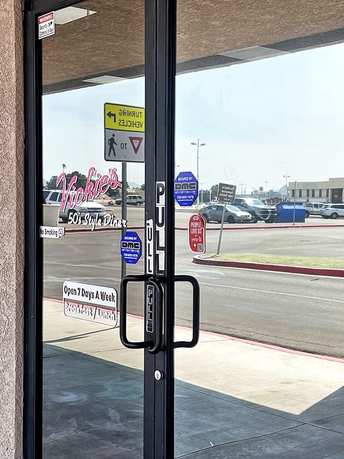 The door promises "Open 7 Days A Week" &ndash; words as comforting as a warm slice of pie to anyone who's ever been hungry at odd hours.