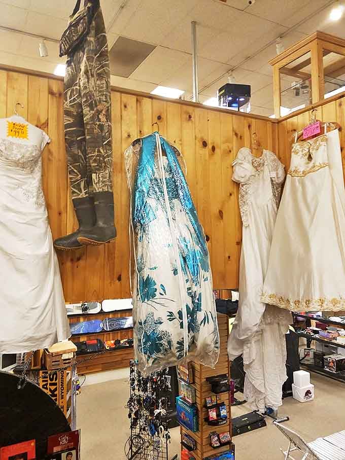 Wedding and formal dresses hang like elegant ghosts of celebrations past. One woman's "once worn" becomes another's "something borrowed" at a fraction of the cost.