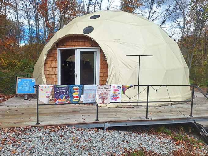 The geodesic dome looks like it teleported from a 1970s science fiction set, offering educational adventures alongside the vintage hunting.