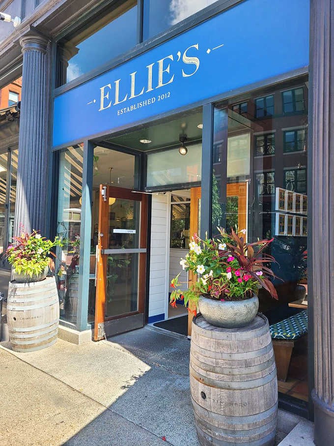 The entrance to Ellie's, flanked by wine barrel planters and colorful flowers, practically whispers "come in and stay awhile" to passersby.