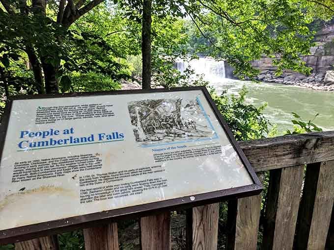 History meets splendor at Cumberland Falls. This interpretive sign explains everything except why you can't stop taking photos.