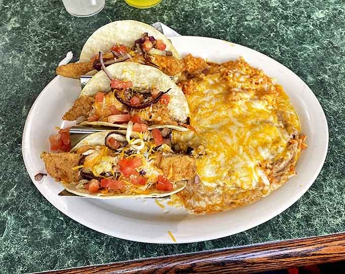 These aren't just fish tacos; they're a fiesta on a plate, bringing unexpected coastal flair to this beloved Utah diner.