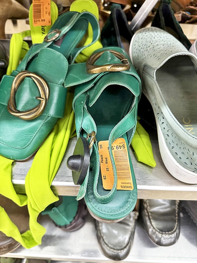 Teal sandals with statement buckles await their Cinderella moment. At these prices, you can afford to be both practical and whimsical.