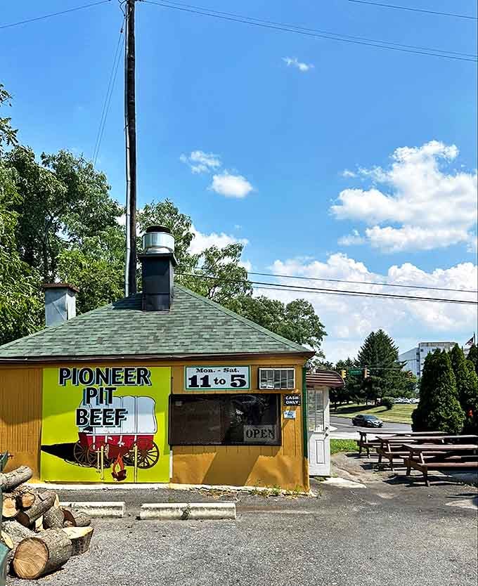 Under blue summer skies, the yellow building with its bold signage stands as a testament to prioritizing substance over style.
