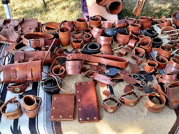 Leather goods with that unmistakable earthy aroma. Each belt, wallet, and holster carries the distinctive mark of handcrafted care.