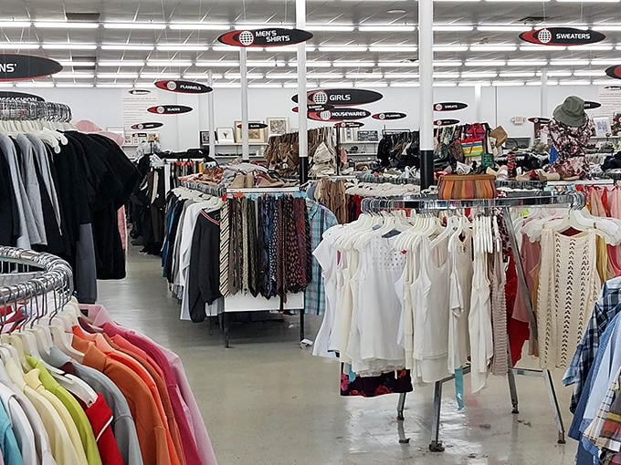 The men's section: where ties from every decade hang hopefully, waiting for their chance at a second professional life.