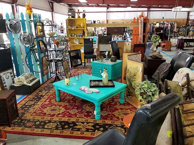 Living room displays arranged like movie sets waiting for their actors. That turquoise coffee table has "quirky indie film" written all over it.